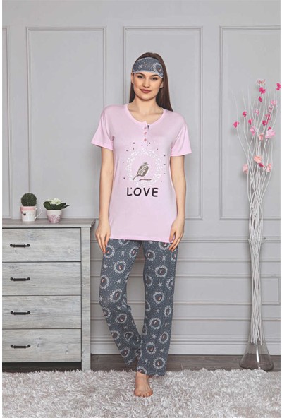 Tekten Kadın Pijama Takımı Kısa Kol Kuş Desenli Göz Bantlı