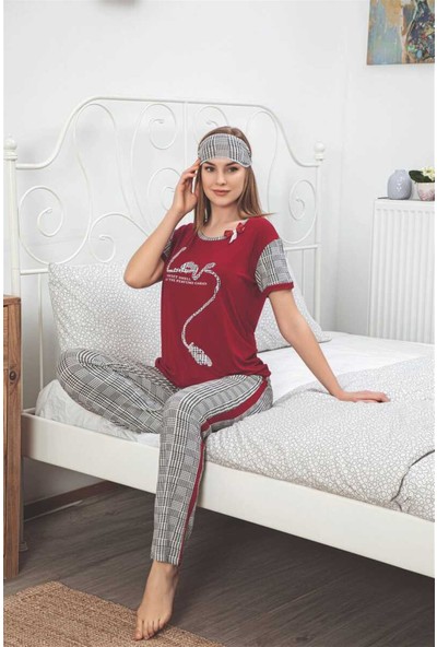 Tekten Kadın Pijama Takımı Kısa Kol Love Baskı Göz Bantlı