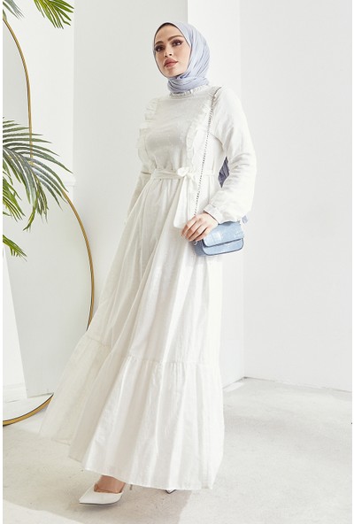 Instyle Elya Önü Fırfır Brode Elbise - Beyaz Instyle Elya Önü Fırfır Brode Elbise - Beyaz