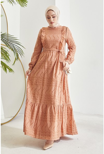 Instyle Elya Önü Fırfır Brode Elbise - Somon