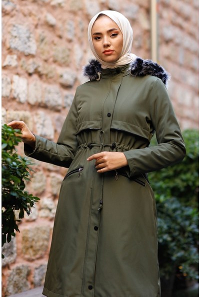 Instyle Cebi Fermuarlı Deri Detay Içi Kürklü Kaban - Haki Instyle Cebi Fermuarlı Deri Detay Içi Kürklü Kaban - Haki