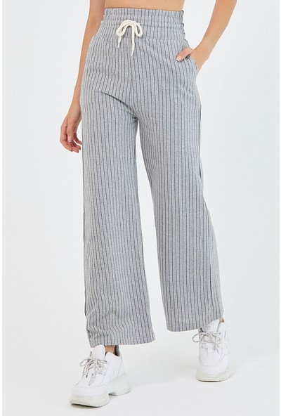 Instyle Yüksek Bel Çizgili Bol Paça Pantolon - Gri