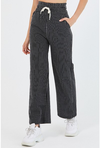 Instyle Yüksek Bel Çizgili Bol Paça Pantolon - Siyah