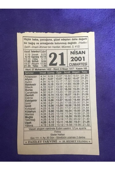 Hasyılmaz 21 Nisan 2001 Takvim Yaprağı - Nostalji Koleksiyonluk Takvim Yaprağı