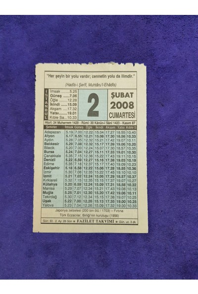 Hasyılmaz 2 Şubat 2008 Takvim Yaprağı - Nostaljik Koleksiyonluk Takvim Yaprağı
