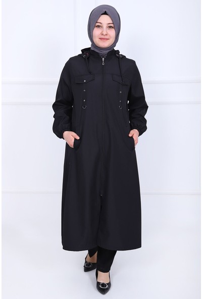 Siyah Kapüşonlu Içi Desenli Büyük Beden Trençkot- 946 Siyah Kapüşonlu Içi Desenli Büyük Beden Trençkot- 946