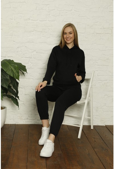 Moda Kargül Kadın Kapüşonlu Basic Uzun Kollu Eşofman Takımı -Siyah Moda Kargül Kadın Kapüşonlu Basic Uzun Kollu Eşofman Takımı -Siyah