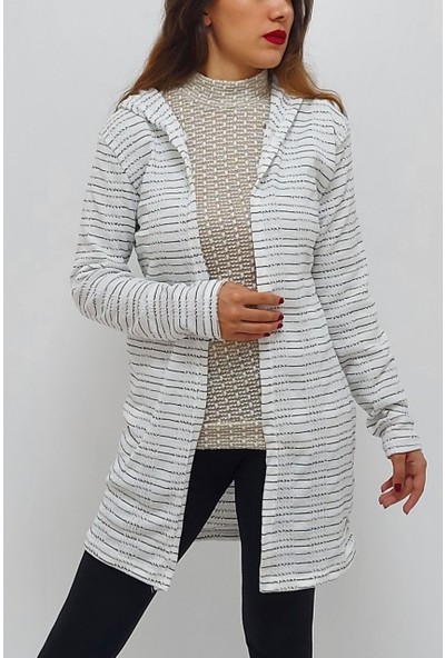 Nocna Fashion Kapüşonlu Uzun Çizgi Desenli Hırka Beyaz NCN03-BEYAZZ