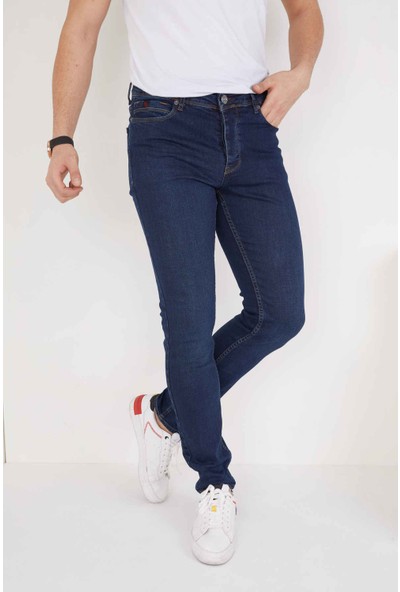 Erkek Lacivert Düz Slim Fit Likralı Dar Paça Kot Pantolon