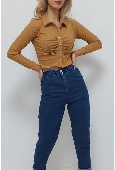 Nocna Fashion Gömlek Yaka Gipeli Düğmeli Bluz Kahve NCHA33KAHVE