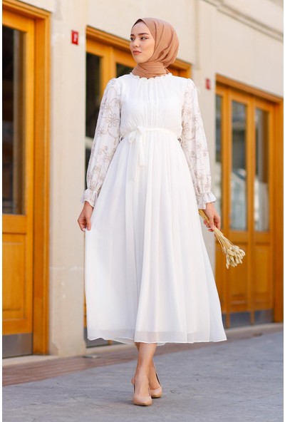 Meqlife Kolları Nakış Detaylı Abiye - Ekru