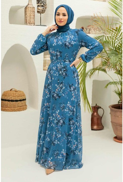 Neva Style - Çiçek Desenli Indigo Mavisi Tesettür Elbise 279061IM Neva Style - Çiçek Desenli Indigo Mavisi Tesettür Elbise 279061IM