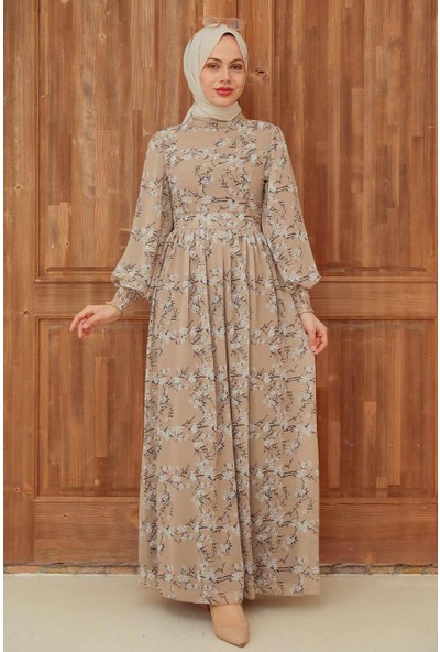 Neva Style - Çiçek Desenli Bej Tesettür Elbise 5683BEJ Neva Style - Çiçek Desenli Bej Tesettür Elbise 5683BEJ