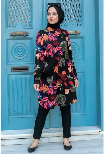 Neva Style - Desenli Siyah Tesettür Tunik 11545S
