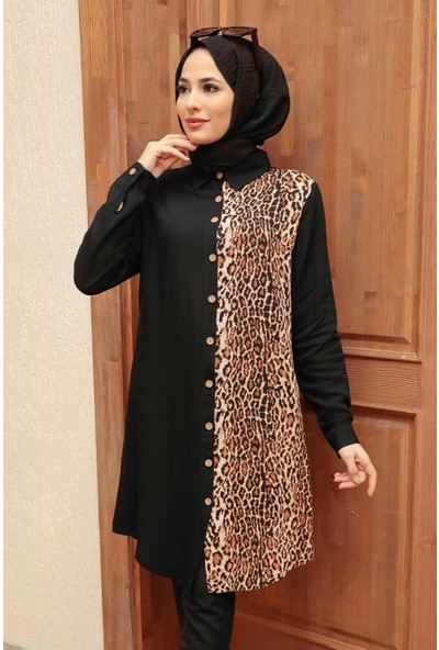 Neva Style - Leopar Desenli Siyah Tesettür Viskon Tunik 11562S Neva Style - Leopar Desenli Siyah Tesettür Viskon Tunik 11562S