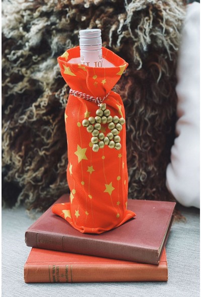 E-Sanat Evi Dekoratif Kırmızı & Gold Yıldızlı Şişe Kılıfı & Ahşap Yıldız