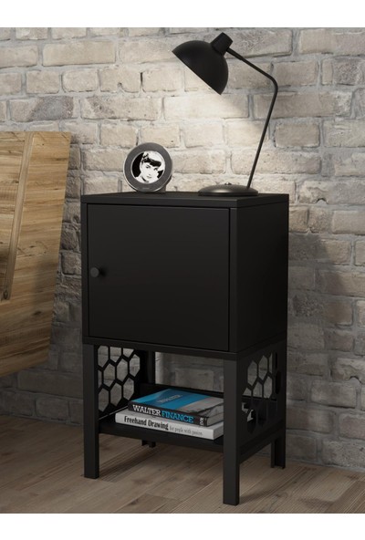 Wood'n Love Maria Premium Dolaplı Raflı Metal Ayaklı Komodin - Siyah / Siyah Wood'n Love Maria Premium Dolaplı Raflı Metal Ayaklı Komodin - Siyah / Siyah