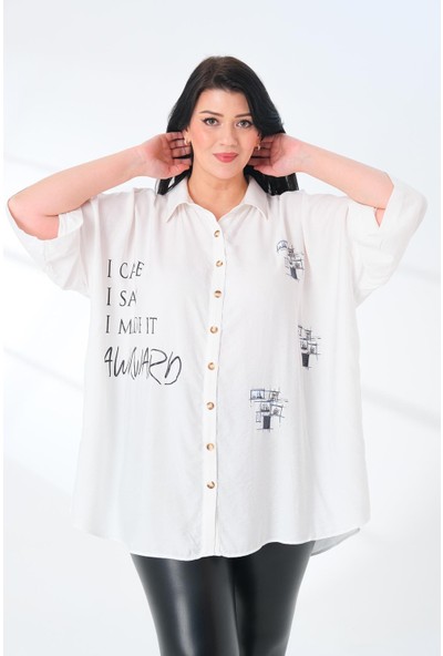 Lady Majestic Baskı Detaylı Düğmeli Büyük Beden Kadın Gömlek 44096