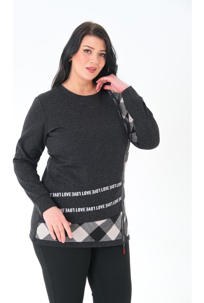 Lady Majestic Ekoseli Büyük Beden Kadın Sweatshirt 44035