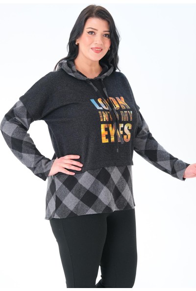 Lady Majestic Ekoseli Kapüşonlu Büyük Beden Kadın Sweatshirt 44029