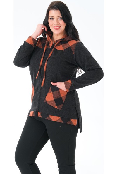 Lady Majestic Kapüşonlu Fermuarlı Büyük Beden Kadın Sweatshirt 44030