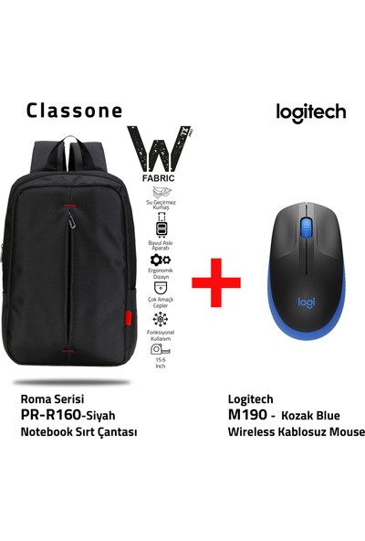 Logitech M190 Kablosuz Mouse Mavi+Classone PR-R160 Roma Serisi 15.6 Logitech M190 Kablosuz Mouse Mavi+Classone PR-R160 Roma Serisi 15.6