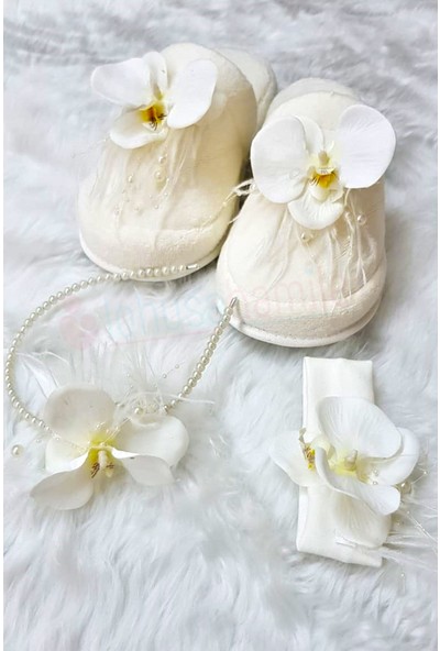 Lohusa Hamile Lh 10112 Ekru Orkide Çiçekli Lohusa Tac Terlik ve Sac Bandı Seti