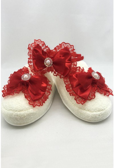 Lohusa Hamile LH0590 Kırmızı Fiyonklu Lohusa Terlik ve Tac Seti