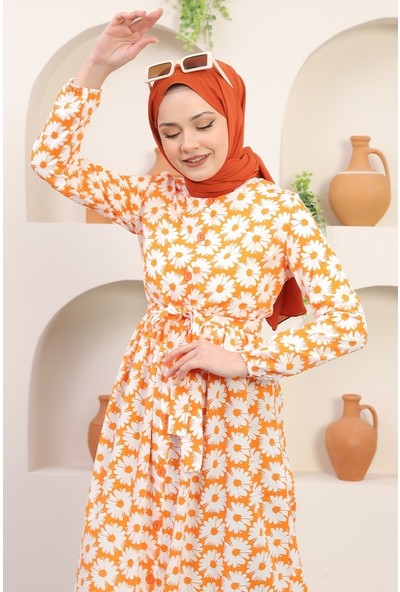 Bestenur Büyük Papatya Desen Tam Boy Liyon Tesettür Elbise 184 -Turuncu Bestenur Büyük Papatya Desen Tam Boy Liyon Tesettür Elbise 184 -Turuncu