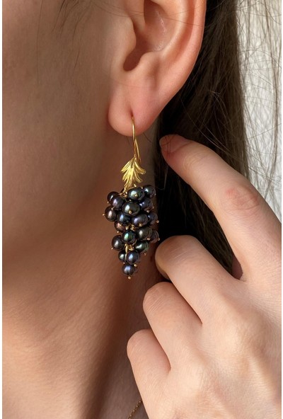 BIRINCI1926 925 Ayar Gümüş Kadın Siyah Üzüm Salkımı Sarı Inci Küpe