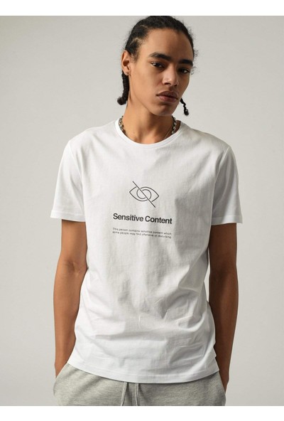 Fabrika Erkek Bisiklet Yaka Baskılı T-Shirt - Beyaz