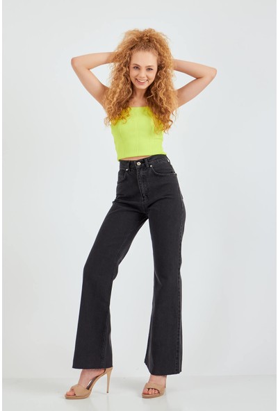 Coral Ispanyol Paça Kot Pantolon Füme