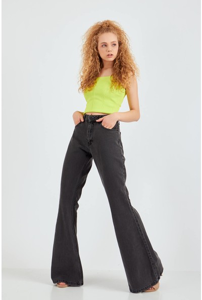 Coral Geniş Ispanyol Paça Kot Pantolon Füme