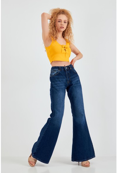 Coral Geniş Ispanyol Paça Kot Pantolon Koyu Mavi