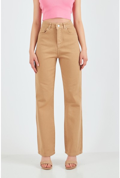 Coral Bol Paça Denim Pantolon Koyu Bej