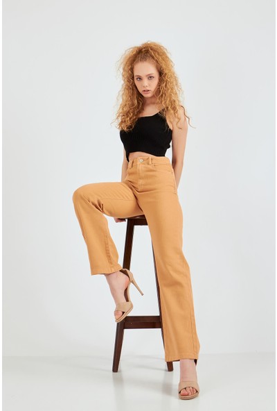 Coral Bol Paça Denim Pantolon Sütlü Kahve