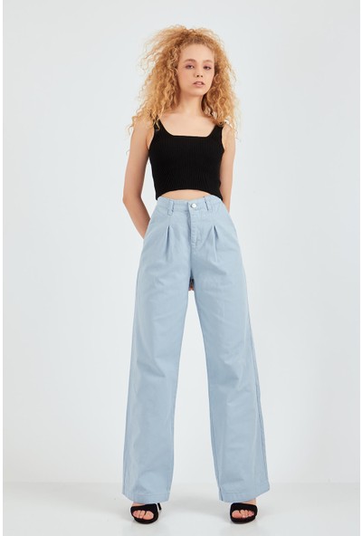 Coral Dökümlü Cepli Bol Pantolon Buz Mavi
