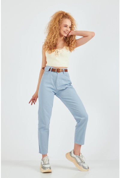 Coral Kemerli Mom Fit Pantolon - Buz Mavi