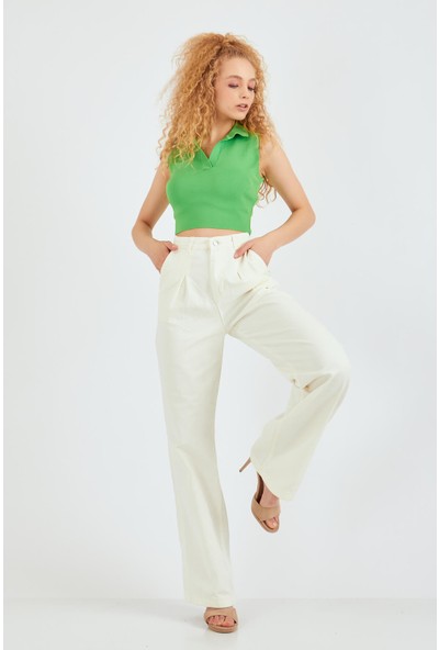 Coral Dökümlü Cepli Bol Pantolon Ekru