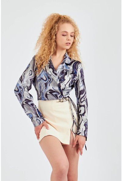 Coral Desenli Kısa Bluz Mavi Ebruli Coral Desenli Kısa Bluz Mavi Ebruli