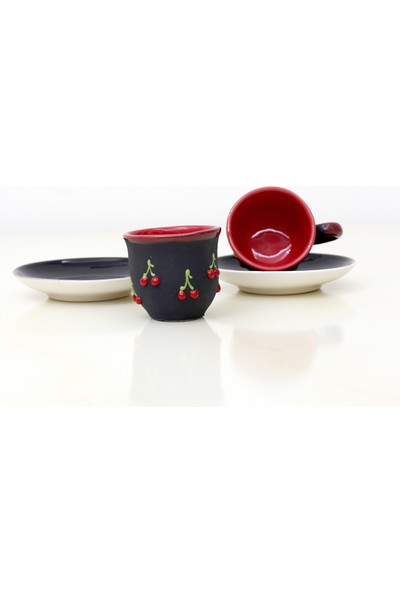 Siyah Kiraz Desenli Seramik Ikili Kahve Fincan Takımı