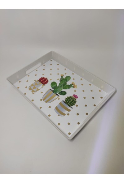 Ramdet Modern Ethnic Beyaz Yaldız Kaktüs Desenli Pleksi Servis Sunum Tepsisi 30*20 cm Çay Kahve Tepsisi