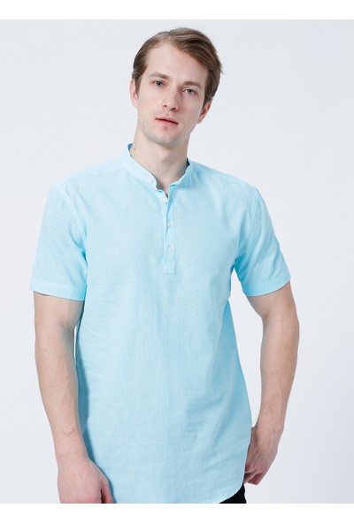 Limon Hakim Yaka Standart Kalıp Düz Mint Erkek Kısa Kollu Gömlek - DEYLI