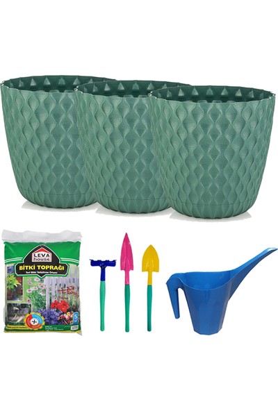 Leva House Alya Venüs Saksı Seti 3'lü Yeşil Set 5 Lt Saksı Toprak Hobi Seti Sulama Ibriği