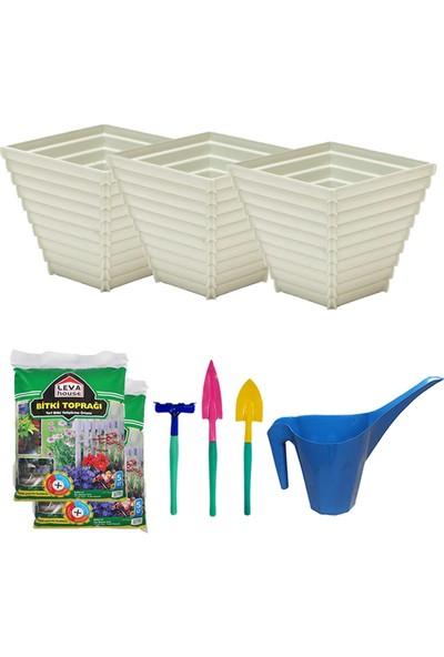 Leva House Alya Piramit Saksı Seti 3'lü Beyaz Set 7,6 Lt Saksı Toprak Hobi Seti Sulama Ibriği