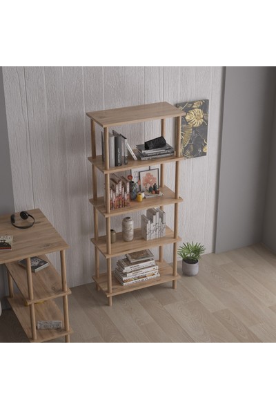 İntergo Dekoratif 5 Raflı Ahşap Ayaklı Kitaplık