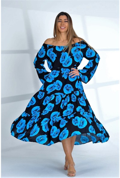Kadın Mavi Carmen Yaka Gelincik Çiçek Desenli Kolları Volanlı Cepli Uzun Elbise