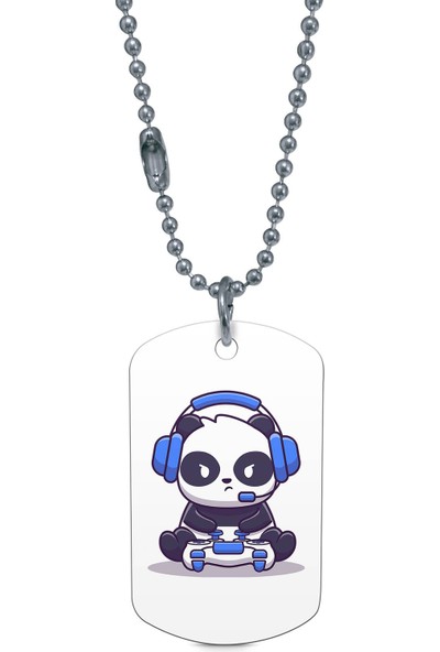 Hero Tasarım Oyun Oynayan Panda Gümüş Renk Künye / Kolye DFT803