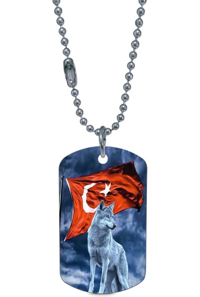 Hero Tasarım Kurt Türk Bayrağı Gümüş Renk Künye / Kolye DFT5396
