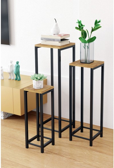 Larem Mobilya Yan Sehpa Dekoratif Saksılık Metal Çiçek Standı Ceviz